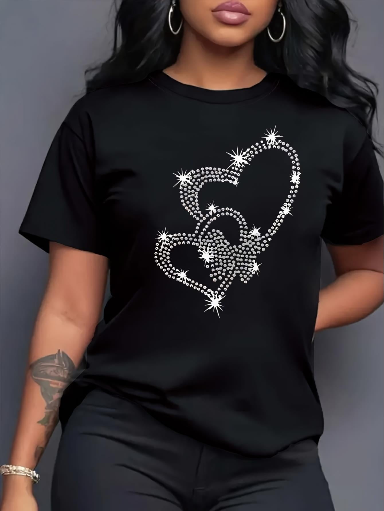 1pc Women'S Sparkling Rhinestone Heart Print T-Shirt, Casual Crew Neck ...