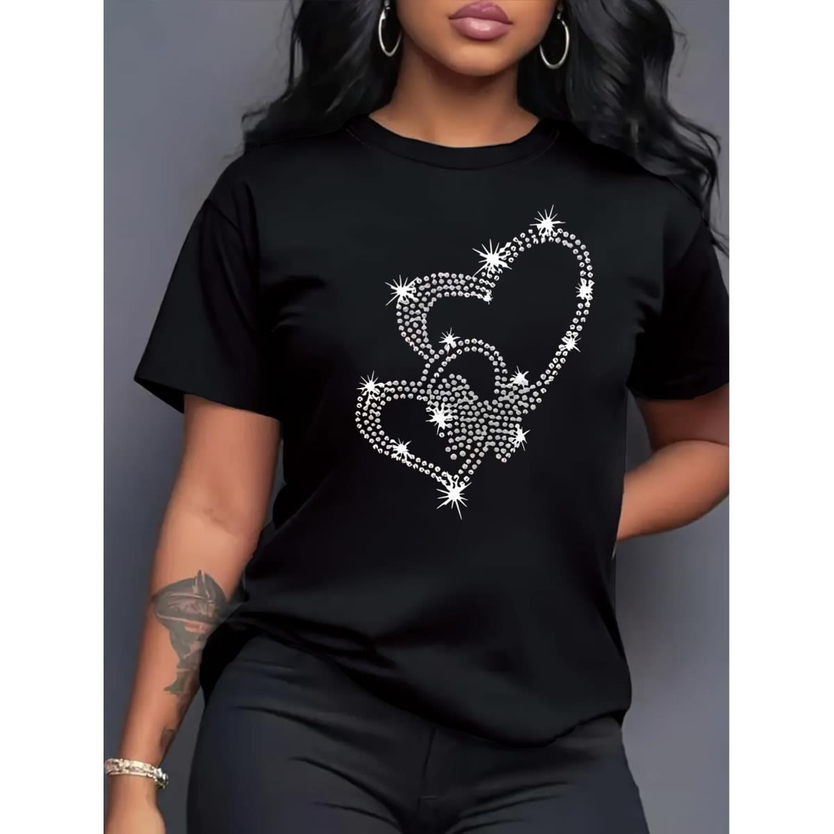 1pc Women'S Sparkling Rhinestone Heart Print T-Shirt, Casual Crew Neck Short Sleeve Top ...