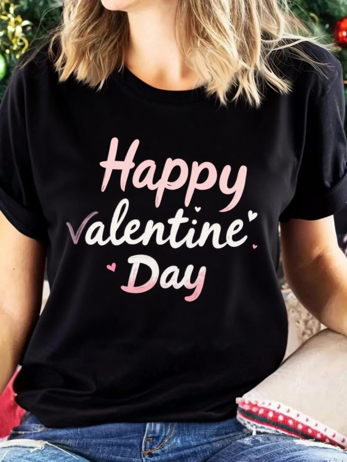 1pc Women'S Valentine'S Day Casual T-Shirt, Polyester 100% Crew Neck ...