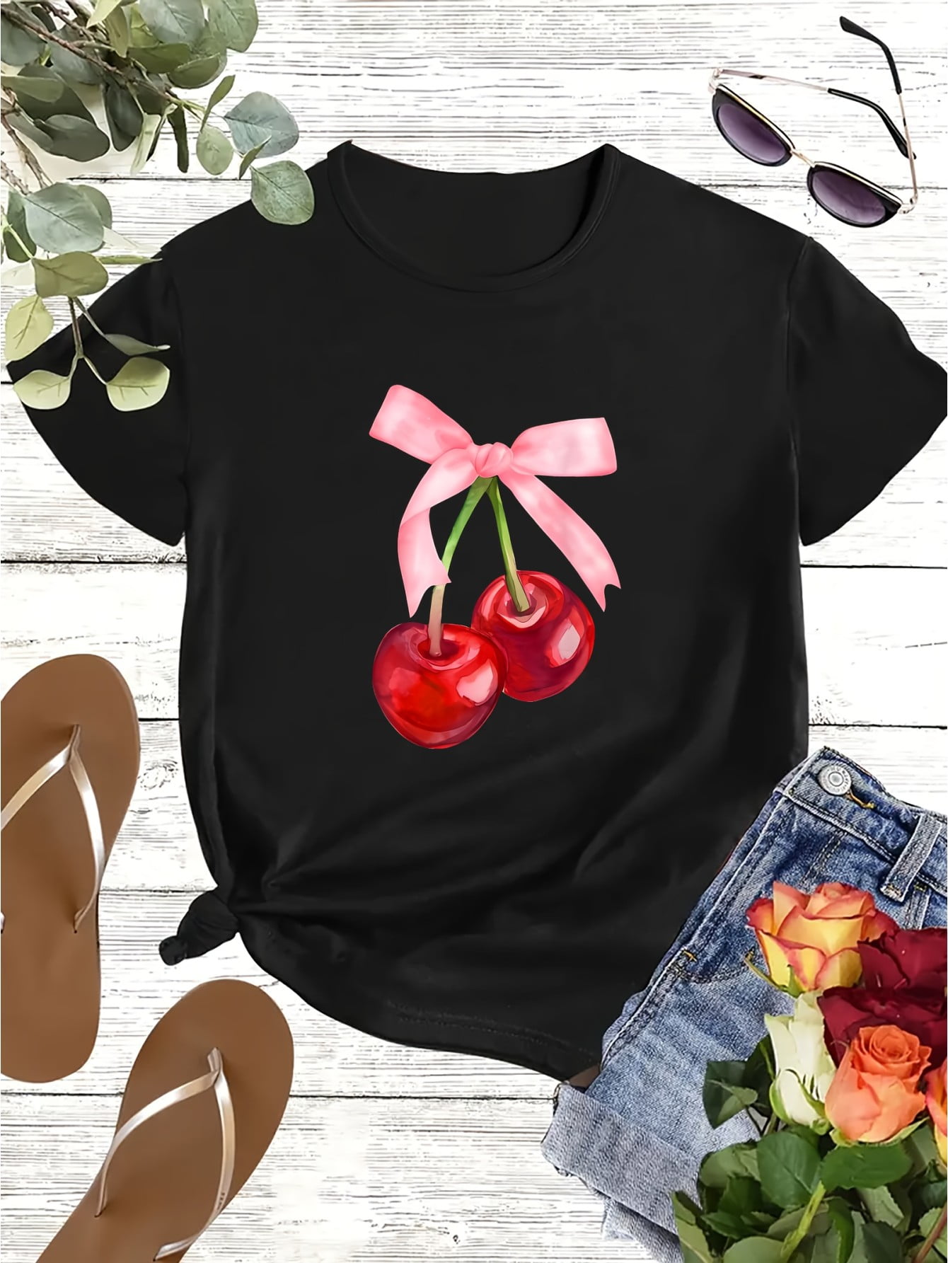 1pc Women'S Y2K Fashion Cherry Print T-Shirt, Casual Crew Neck Short ...