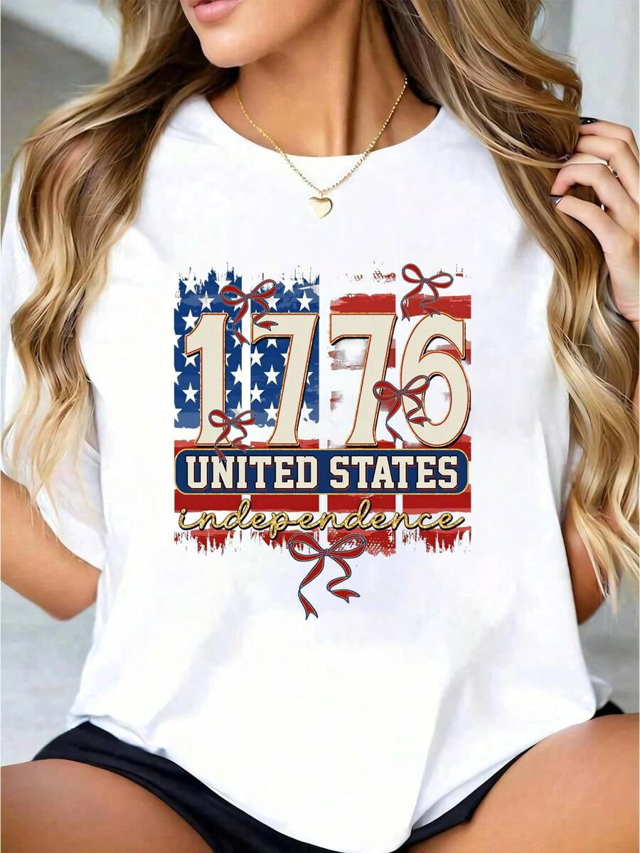 1pc Women's 1776 Independence Flag Print White TShirt, Crew Neck ...
