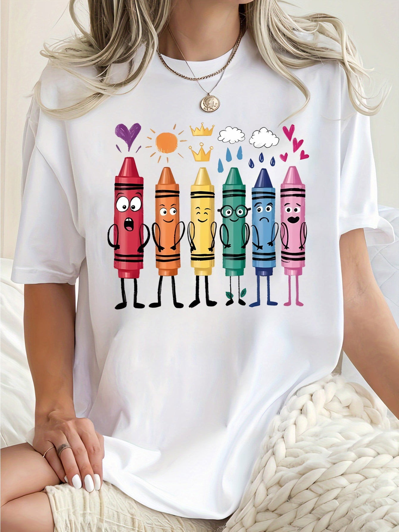 1pc Women's Casual Crew Neck T-Shirt with Colorful Crayon Print, Geometric Pattern, Cotton Knit ...