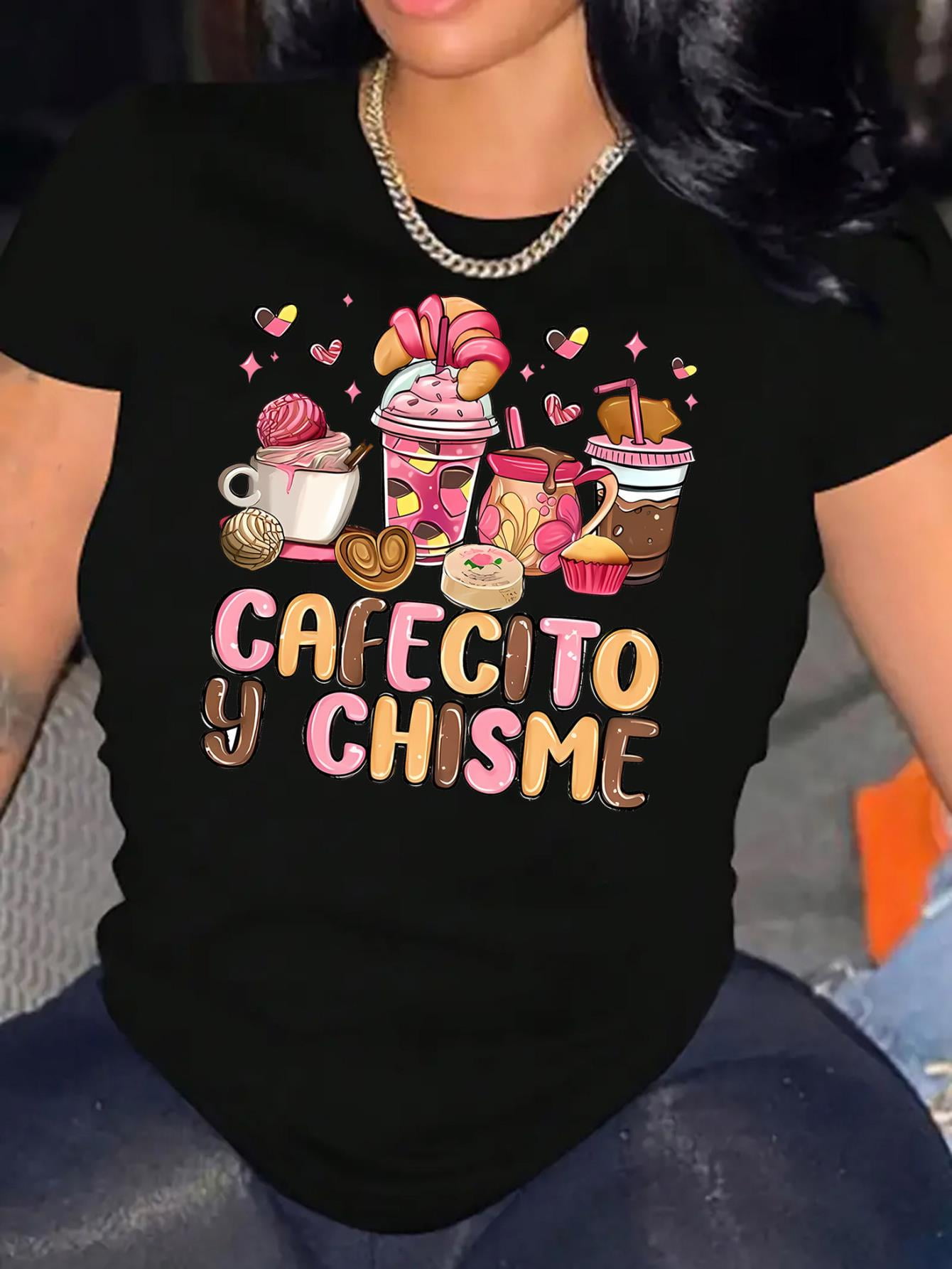 "1pc Women's Casual Round Neck Short Sleeve T-Shirt with ""Cafecito y ...