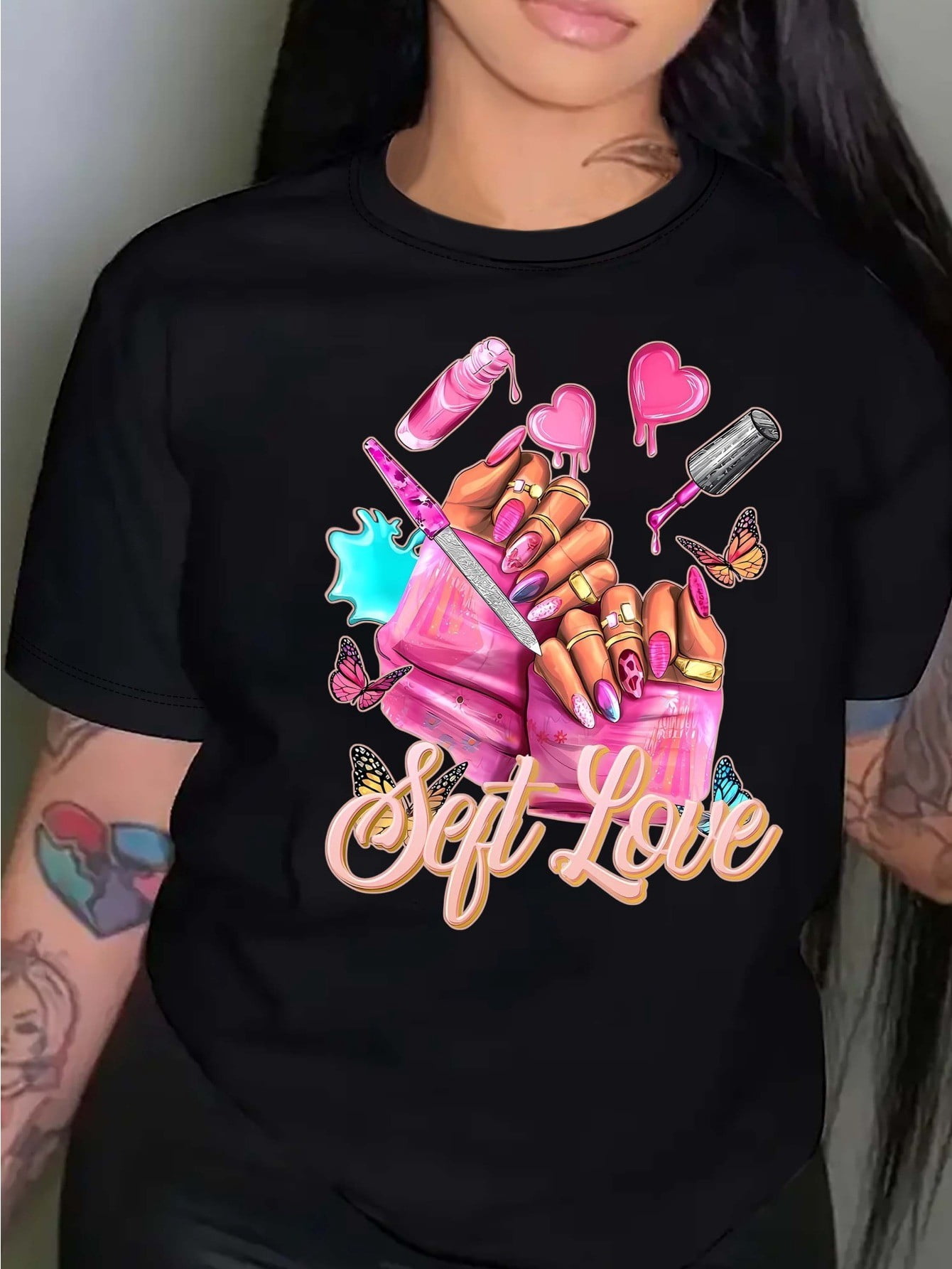 1pc Women's Casual Short Sleeve T-Shirt with Nail Art & Butterfly Print ...