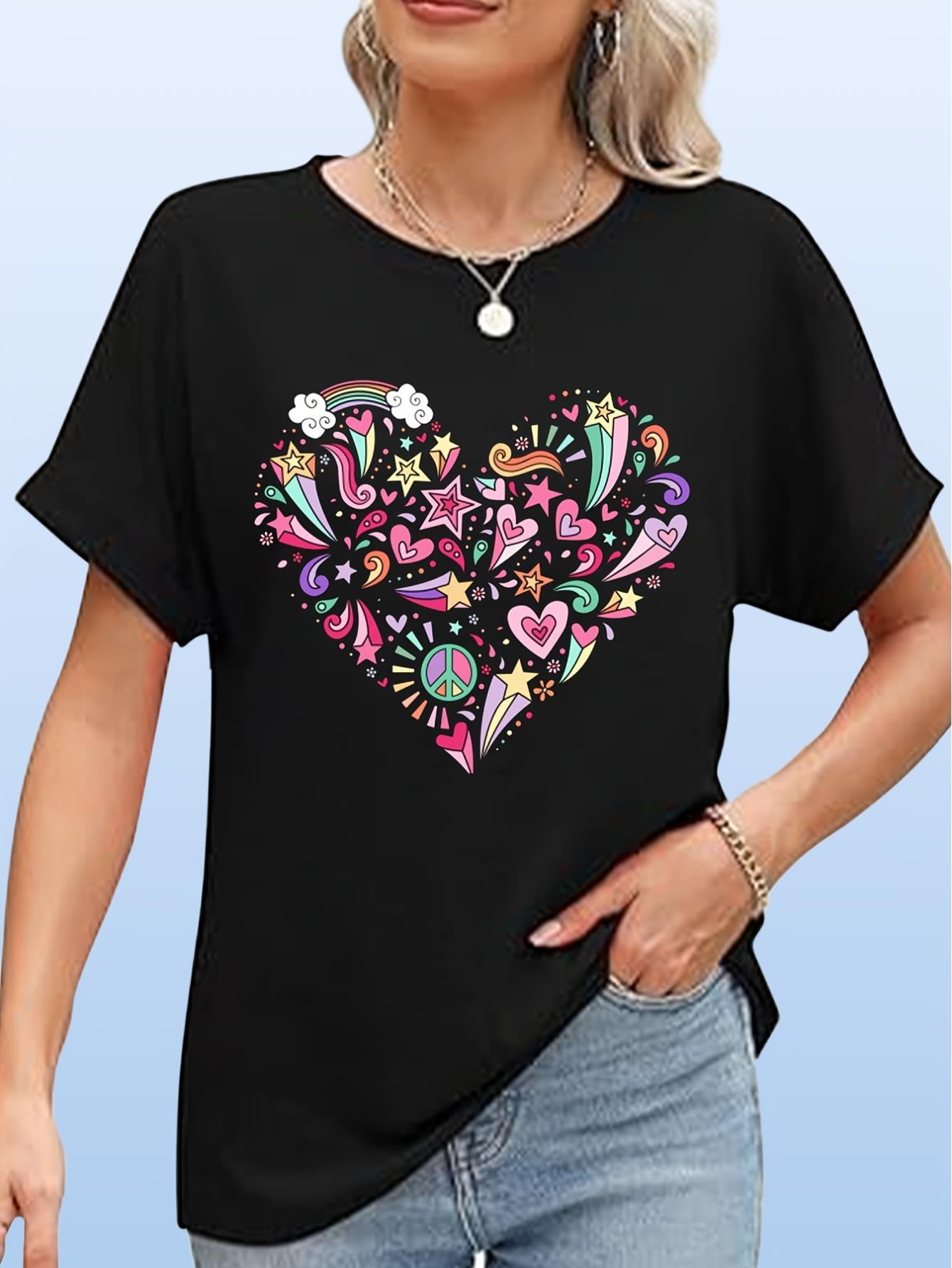 1pc Women's Cotton Crew Neck T-Shirt with Colorburst Heart Design ...