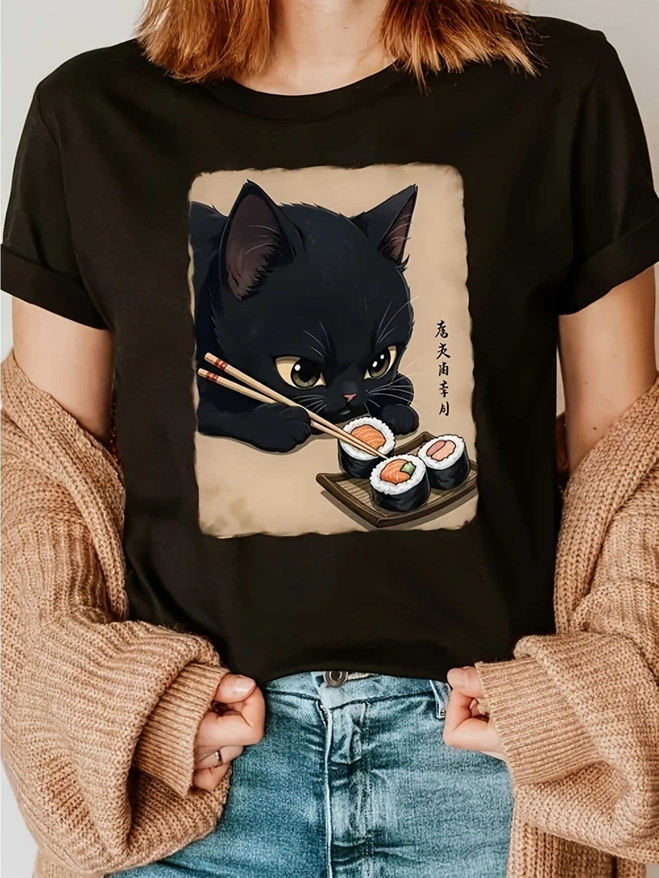 1pc Women's Cotton Graphic T-Shirt - Cat and Sushi Print, Casual Crew Neck, Short Sleeves, Soft ...