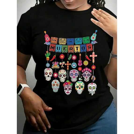 1pc Women's Elegant Day Of The Dead T-Shirt - Colorful Sugar Skull ...