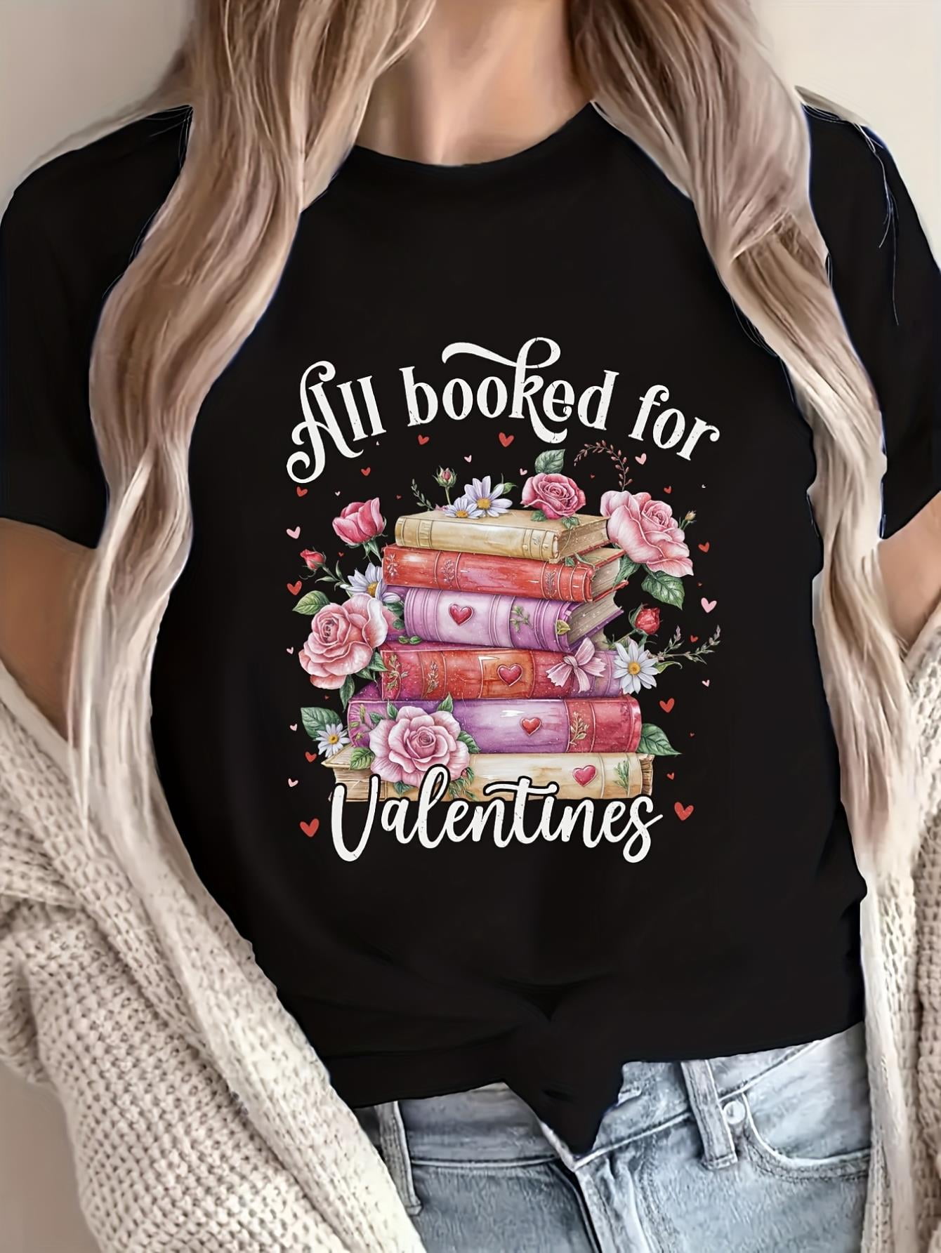 1pc Women's Floral Book Stack Graphic Tee, 100% Crew Neck Short Sleeve ...