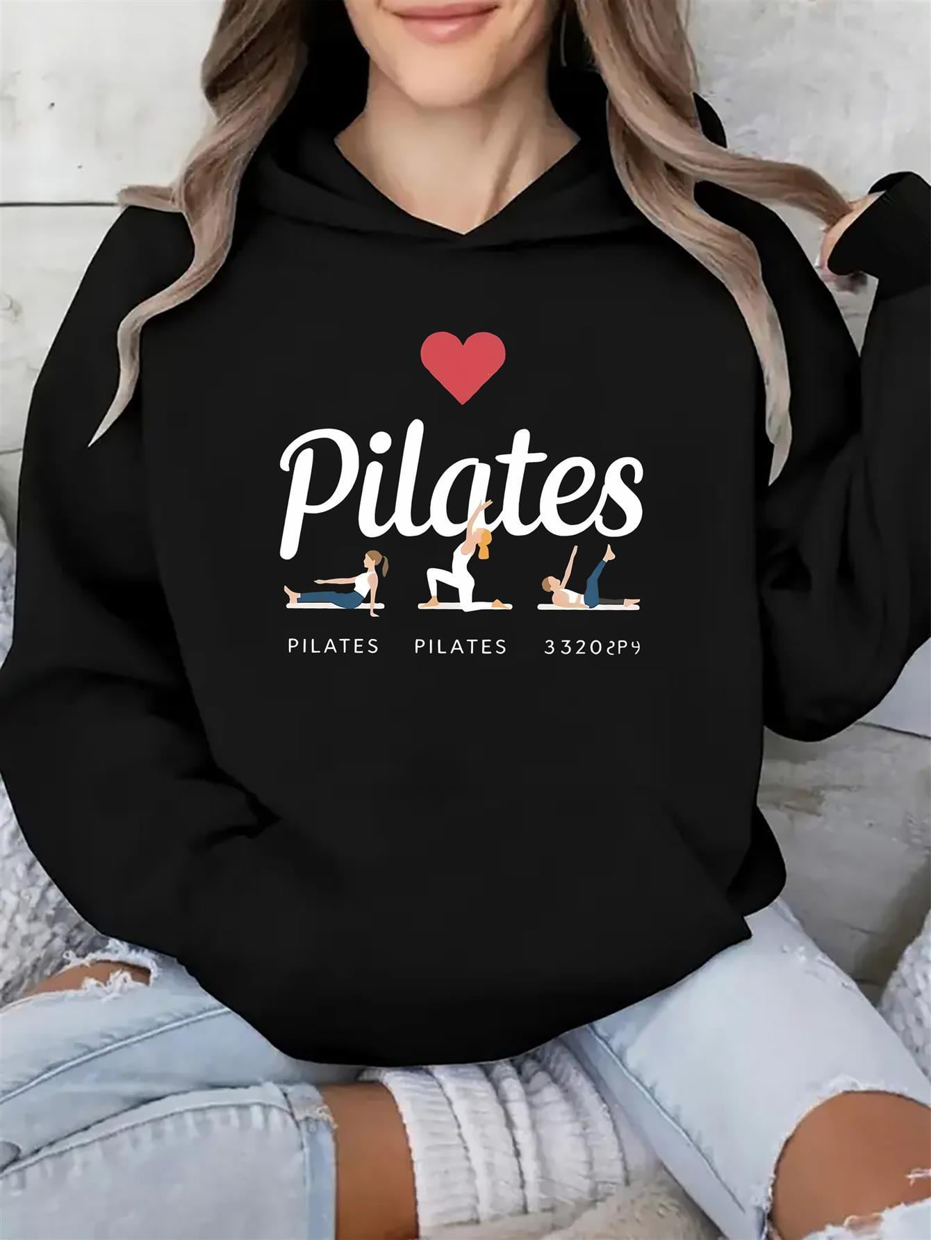 1pc Women's Pilates & Yoga Graphic Print Hooded Sweatshirt - Black with ...