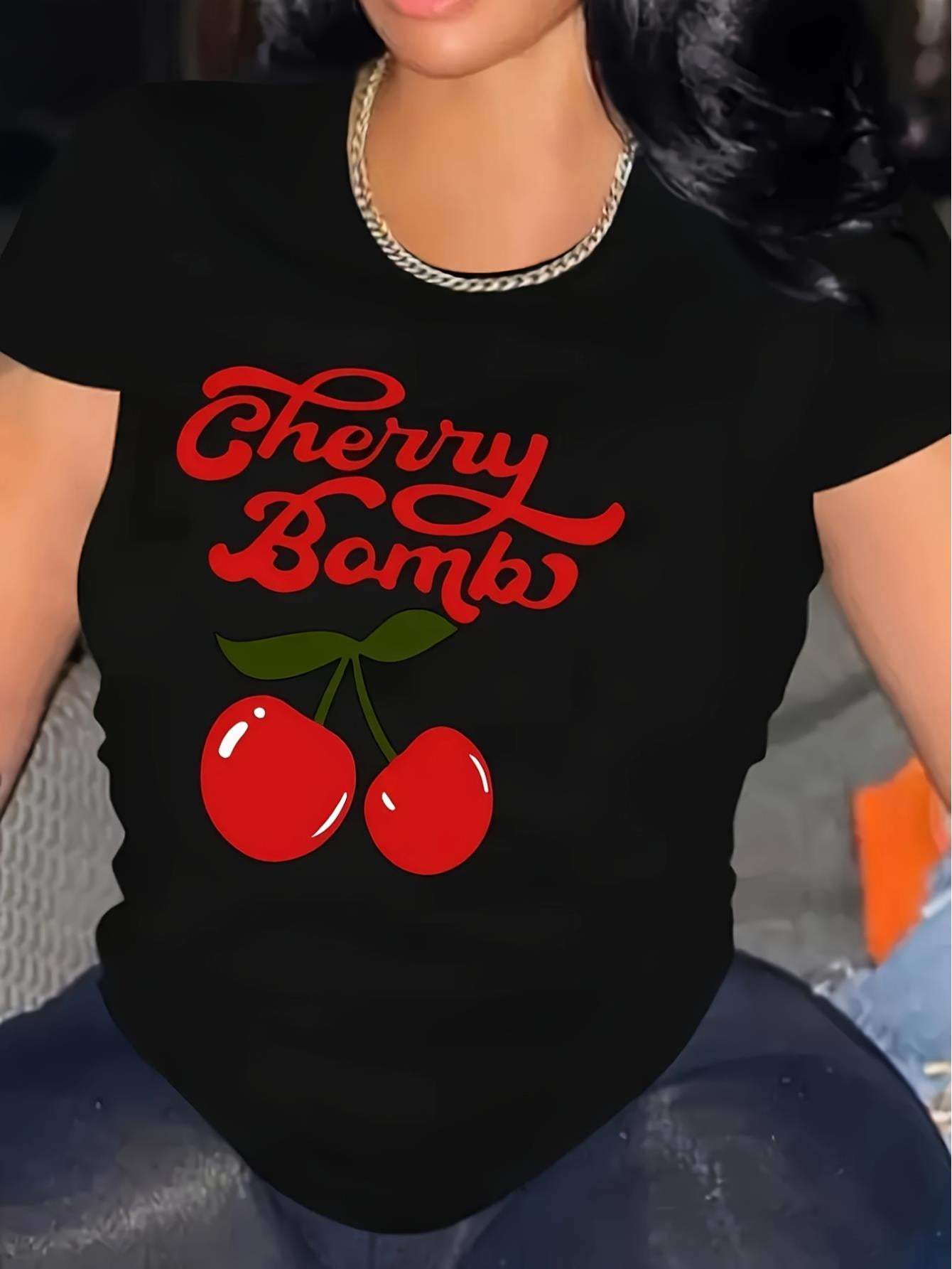 1pc Women's Plus Size Cotton T-Shirt with Cherry Bomb Print, Casual ...