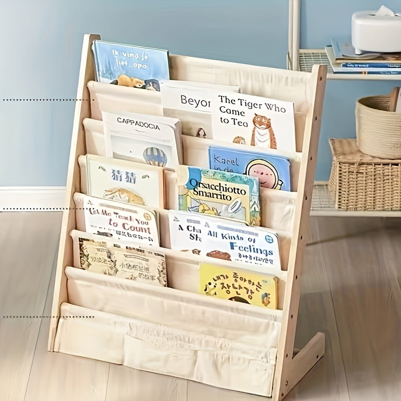 1pc Wooden Bookshelf For Kids, Floor Standing Sling Storage Organizer ...