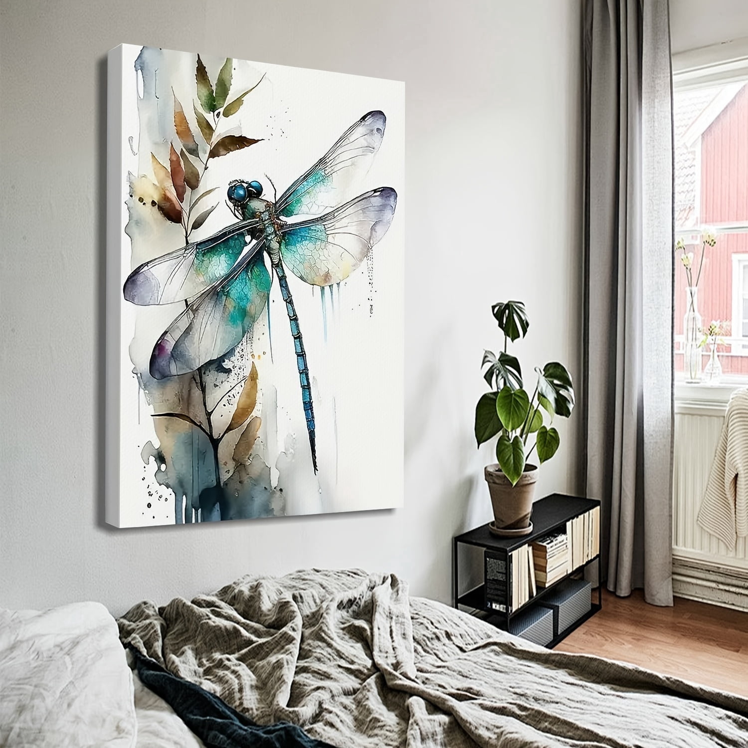1pc Wooden Framed Canvas, Nordic-Inspired Colorful Dragonfly Design ...