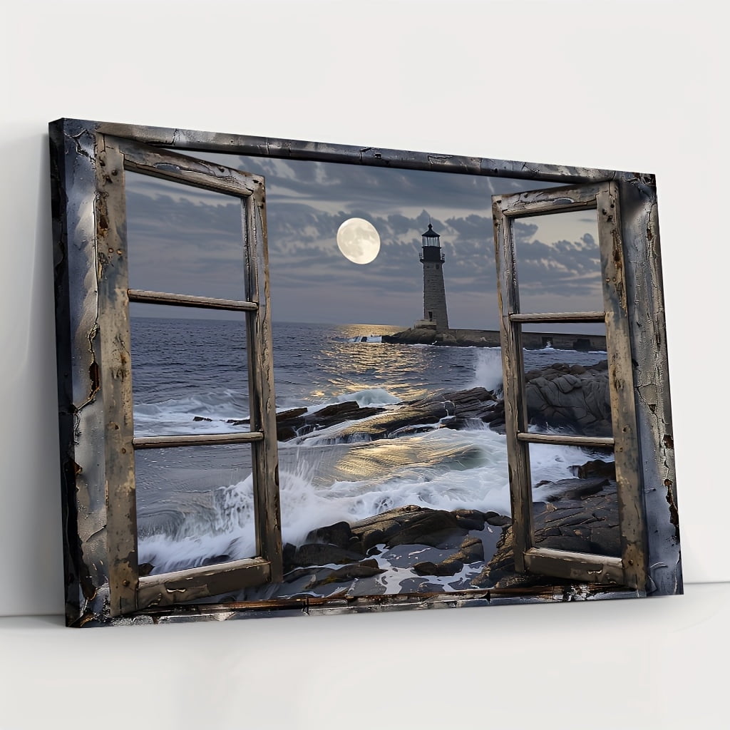 1pc Wooden Framed Canvas Painting Coastal Lighthouse& Beach Scene ...