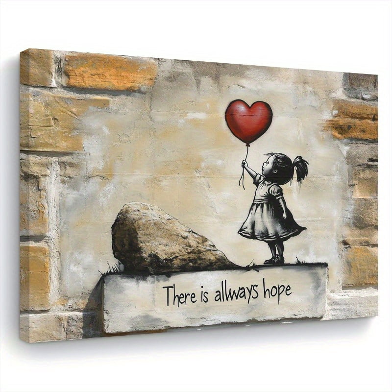 1pc Wooden Framed Canvas Painting, Little Girl with Heart Balloon ...