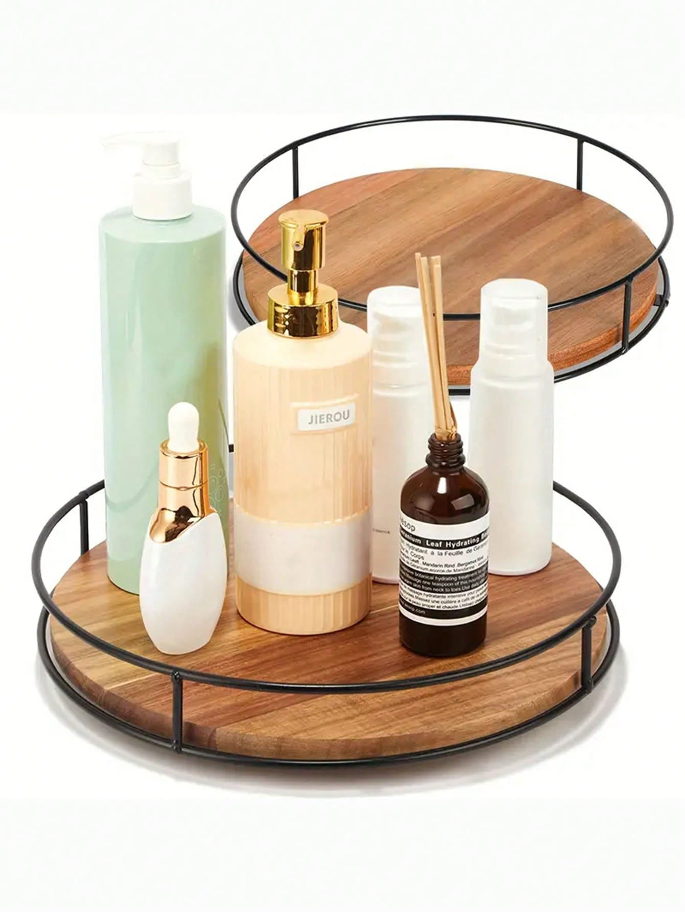 1pc Wooden Storage Rack With Steel Handrail, 360 Degree Rotating ...