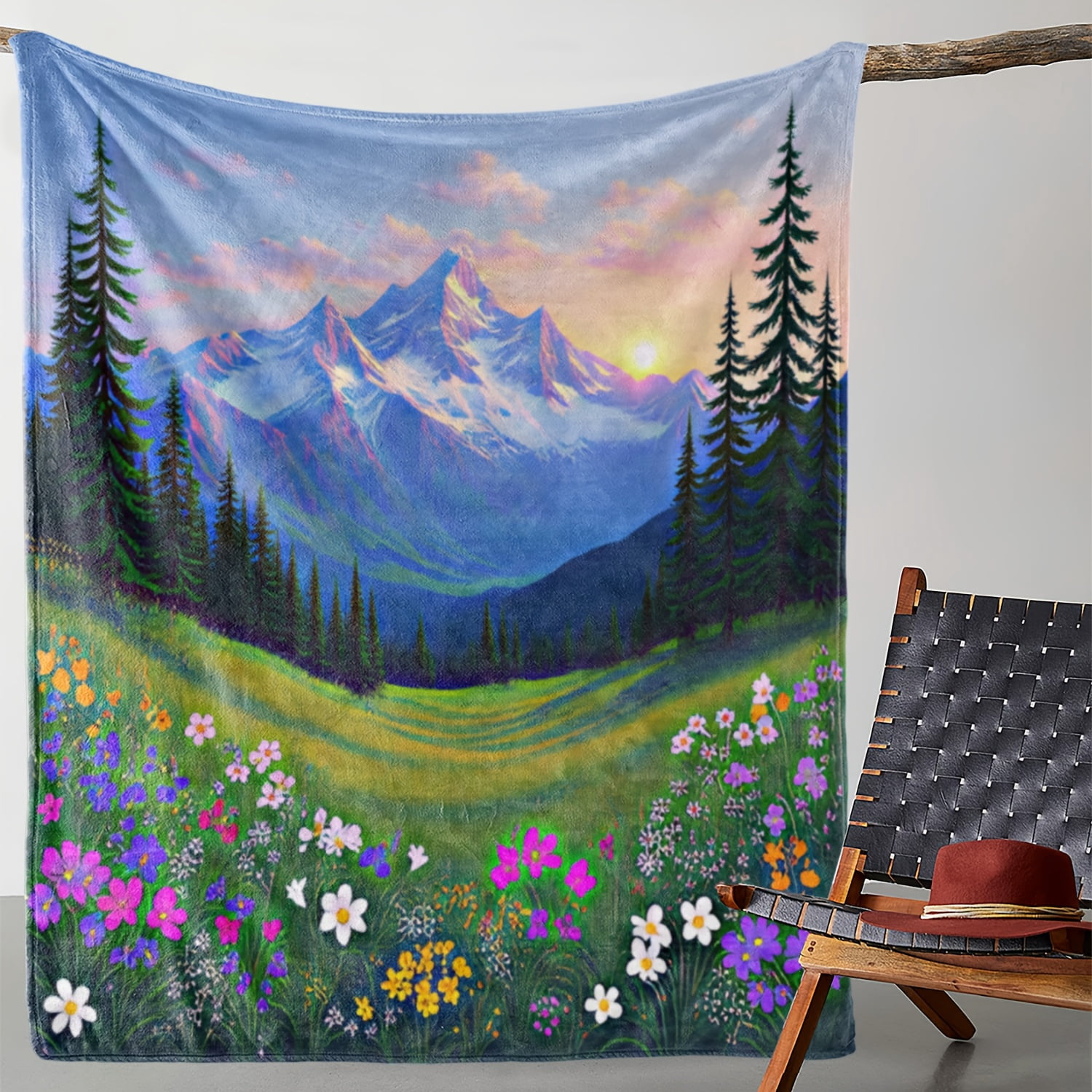 1pc Zeal Lily Flannel Blanket - Vintage Mountain Meadow Landscape with ...
