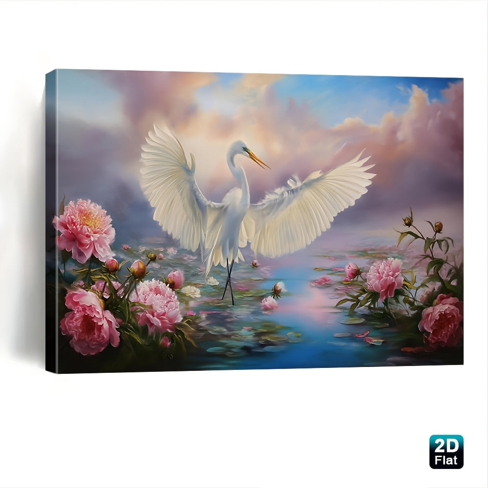 1pc a 2D Flat Egret Design Featuring Peonies, Presented in a Framed ...