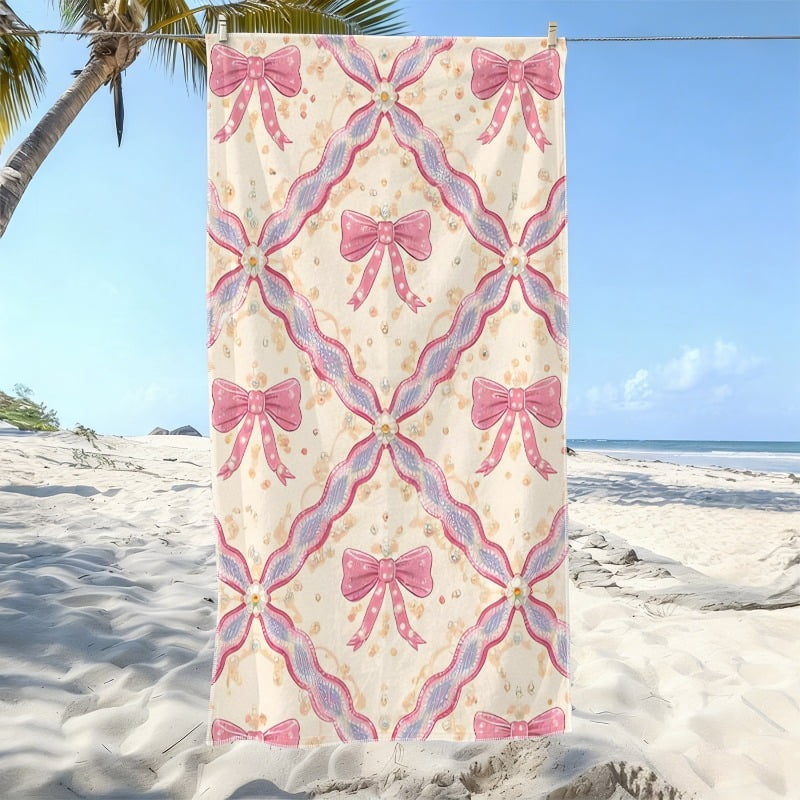 1pc, beach towel with beige background with pink polka dot bow, pink ...