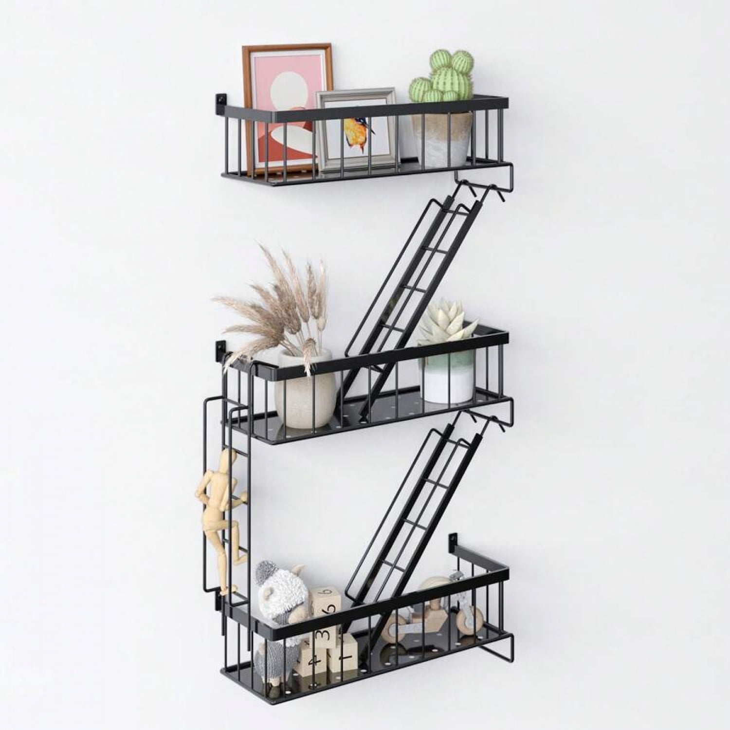 1pc-black 3-Tier Decorative Ladder Shelf, Wall Art Floating Shelf Metal ...