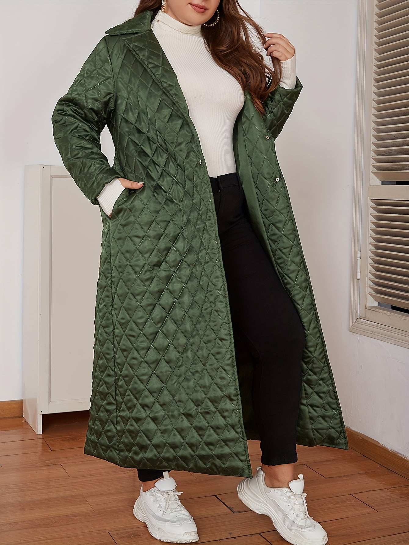 1pc plus size casual style V-neck long quilted coat 100% polyester ...