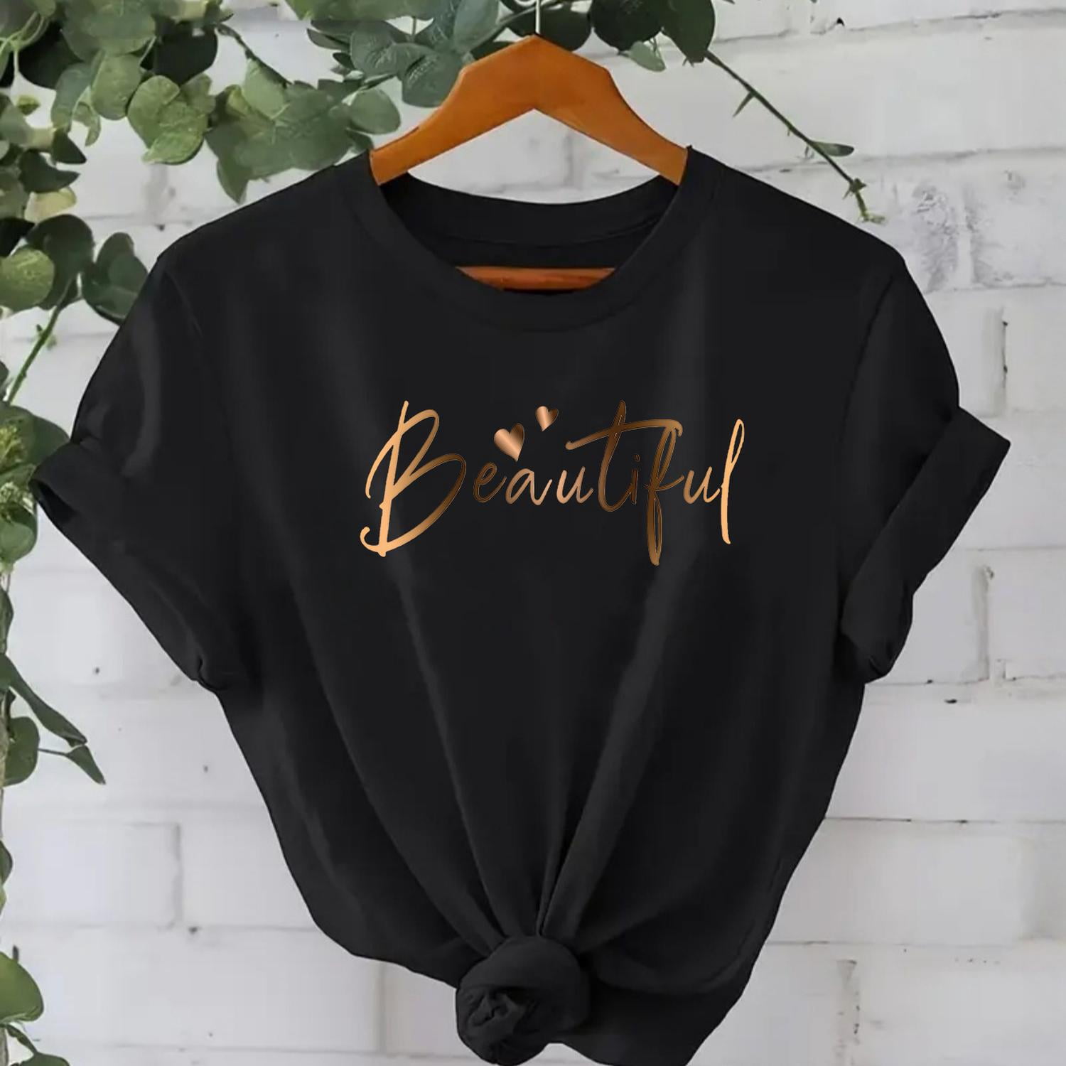 1pc woM1ens casual round neck short sve t shirt beautiful letter print ...