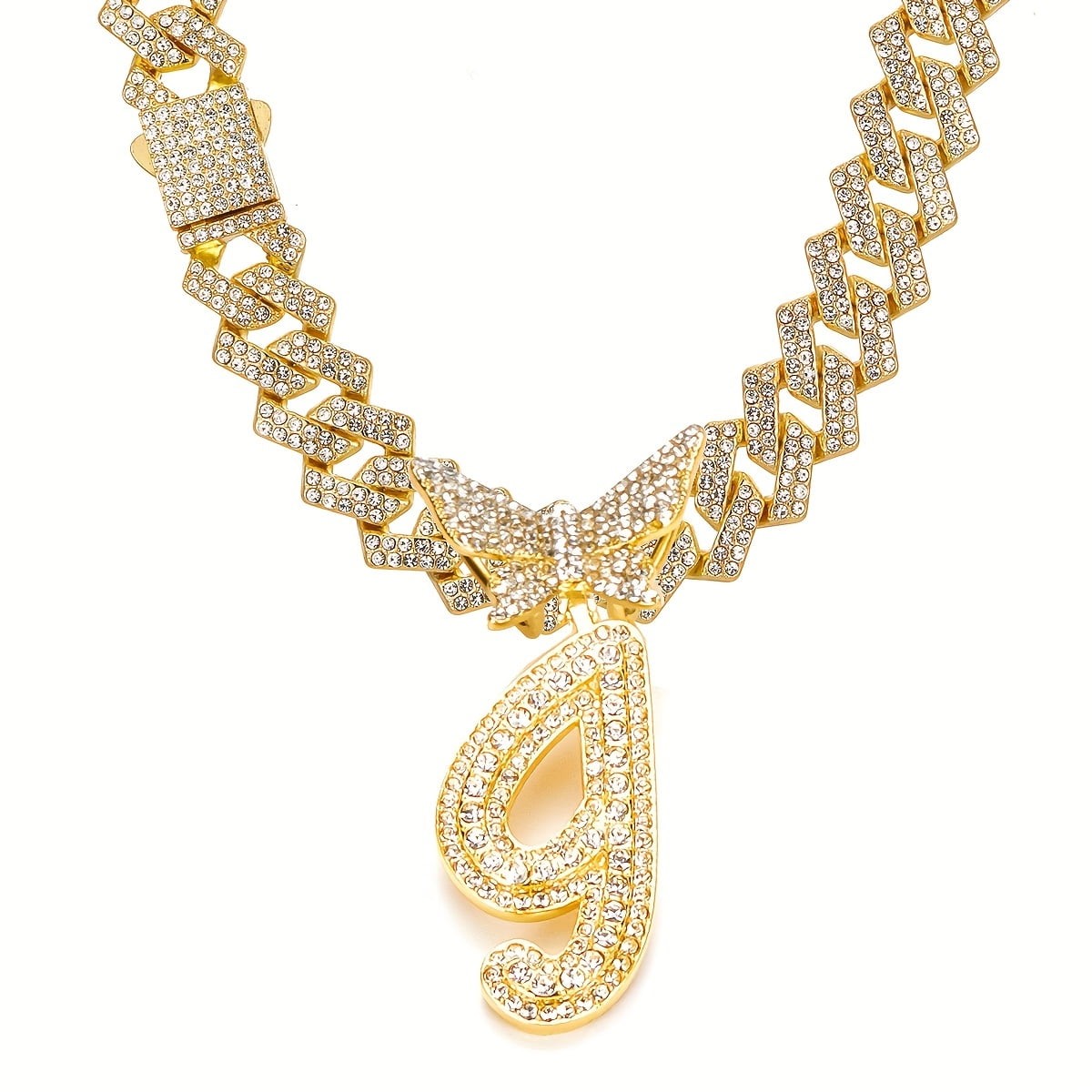 1pcs 14mm Cursive Initial Butterfly Pendant Cuban Chain Necklace Mens ...