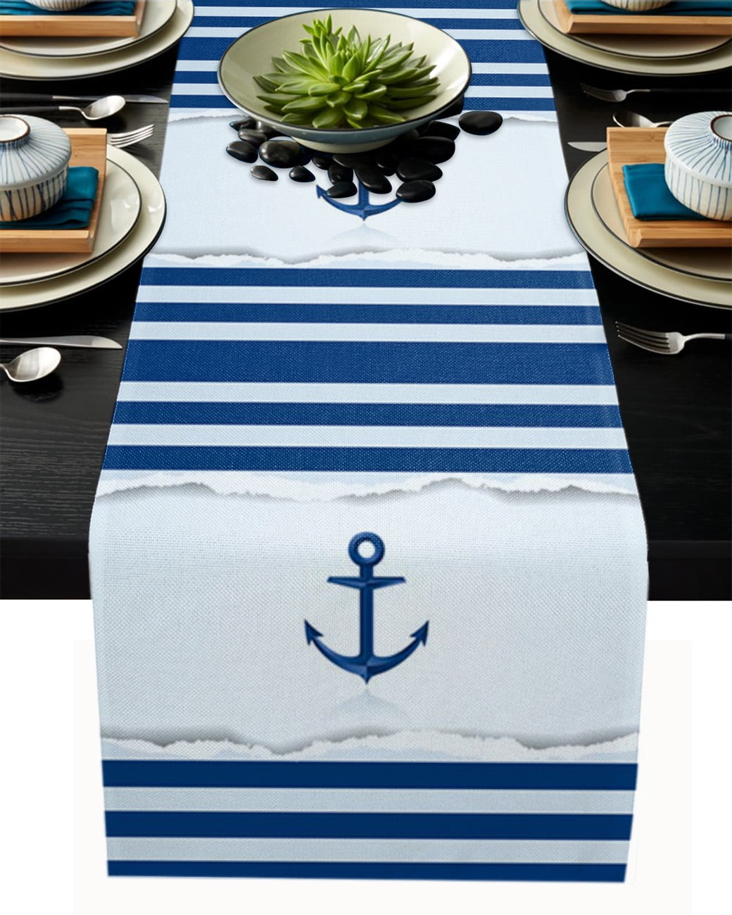 1pcs Anchor Blue Navy Lines Modern Table Runners For Wedding Party ...