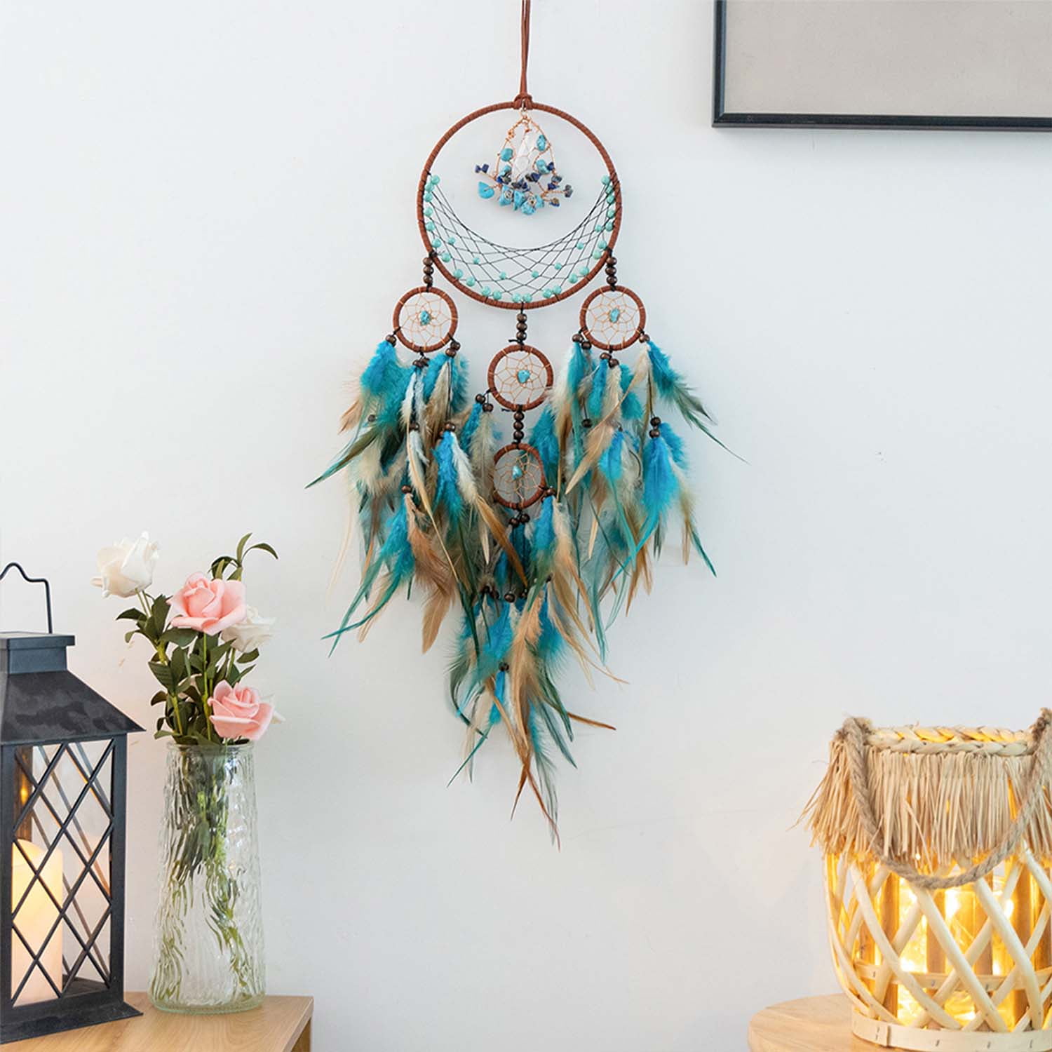 1pcs Blue Brown Feather Dream Catcher Retro Wind Chime Hanging ...