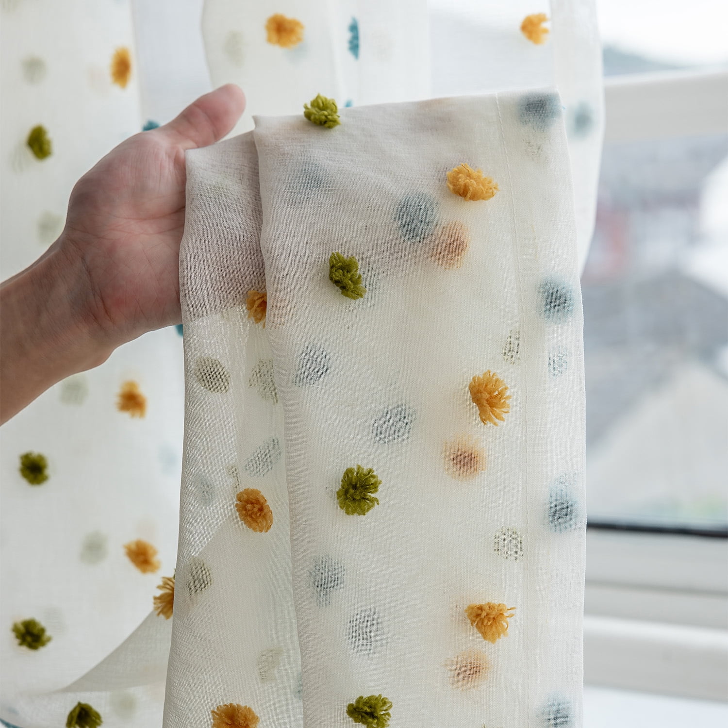 1pcs Curtains Sheer With 3D Pom-Pom- Light & Airy Translucent Panels for Bedroom Living Room ...