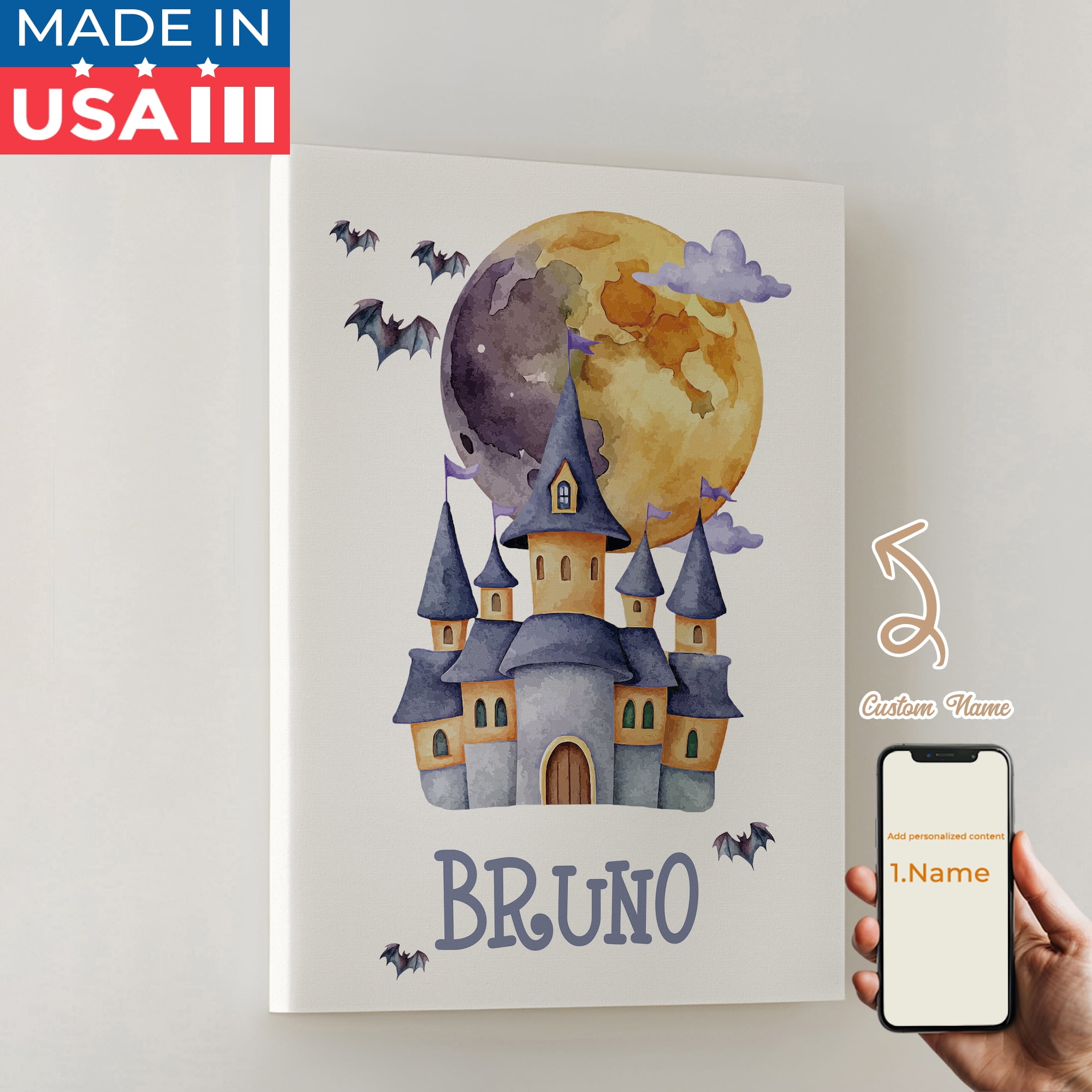 1pcs Custom Name Halloween Castle Cloud Bat Gift Decorative Painting, Canvas 16x24inch Inner ...