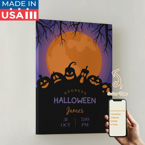 1pcs Custom Name Halloween Jack-o-lantern Dark Night Theme Decorative Painting, Canvas 16x24inch ...