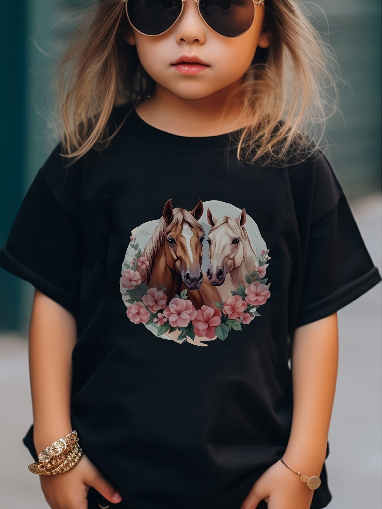 1pcs Girls' Summer Short Sleeve T-Shirt, Creative Double Horse Print ...