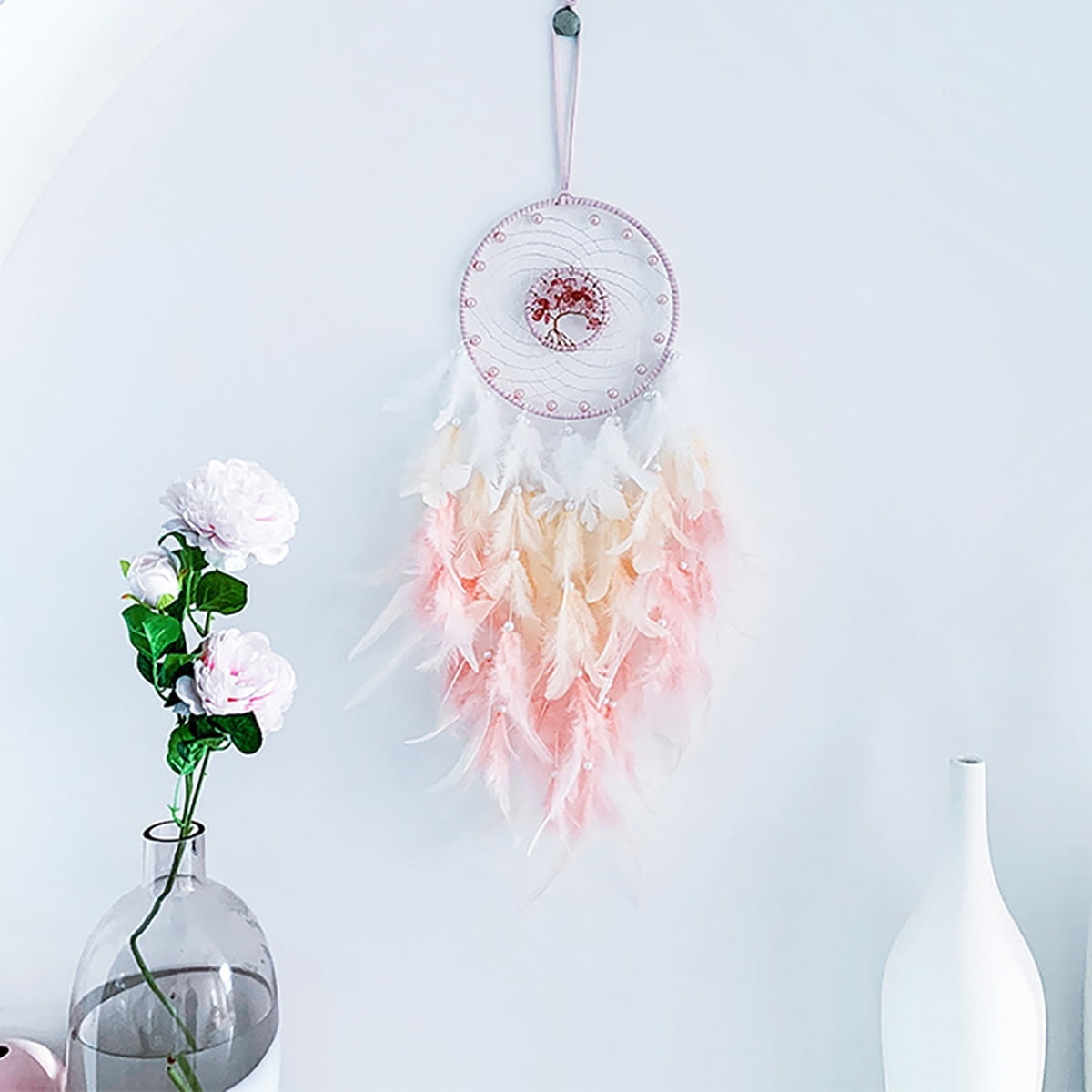 1pcs Pink Wall Hanging Dreamcatchers Gem Crystal Tree Of Life Feather ...