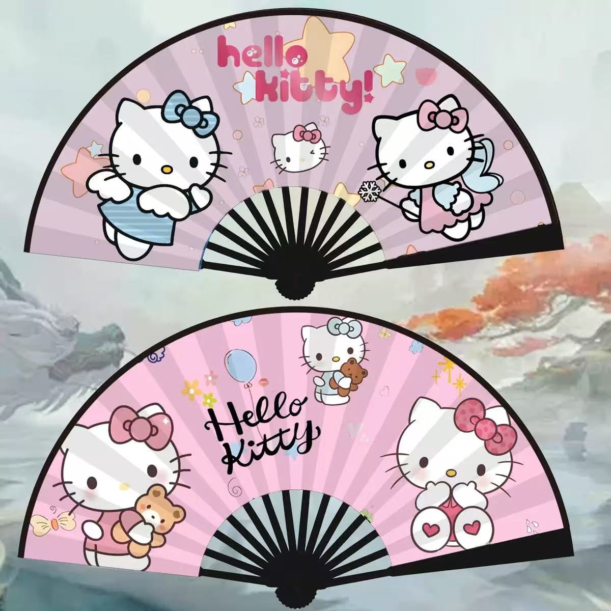 1pcs Sanrio Folding Fan Hello Kitty Melody Kuromi Cartoon Silk Cloth ...