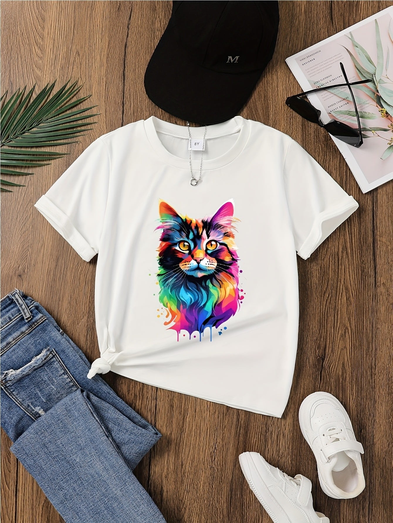 1pcs Summer T-Shirts for, Featuring Colorful Kittens, Regular Casual Style, Available in ...