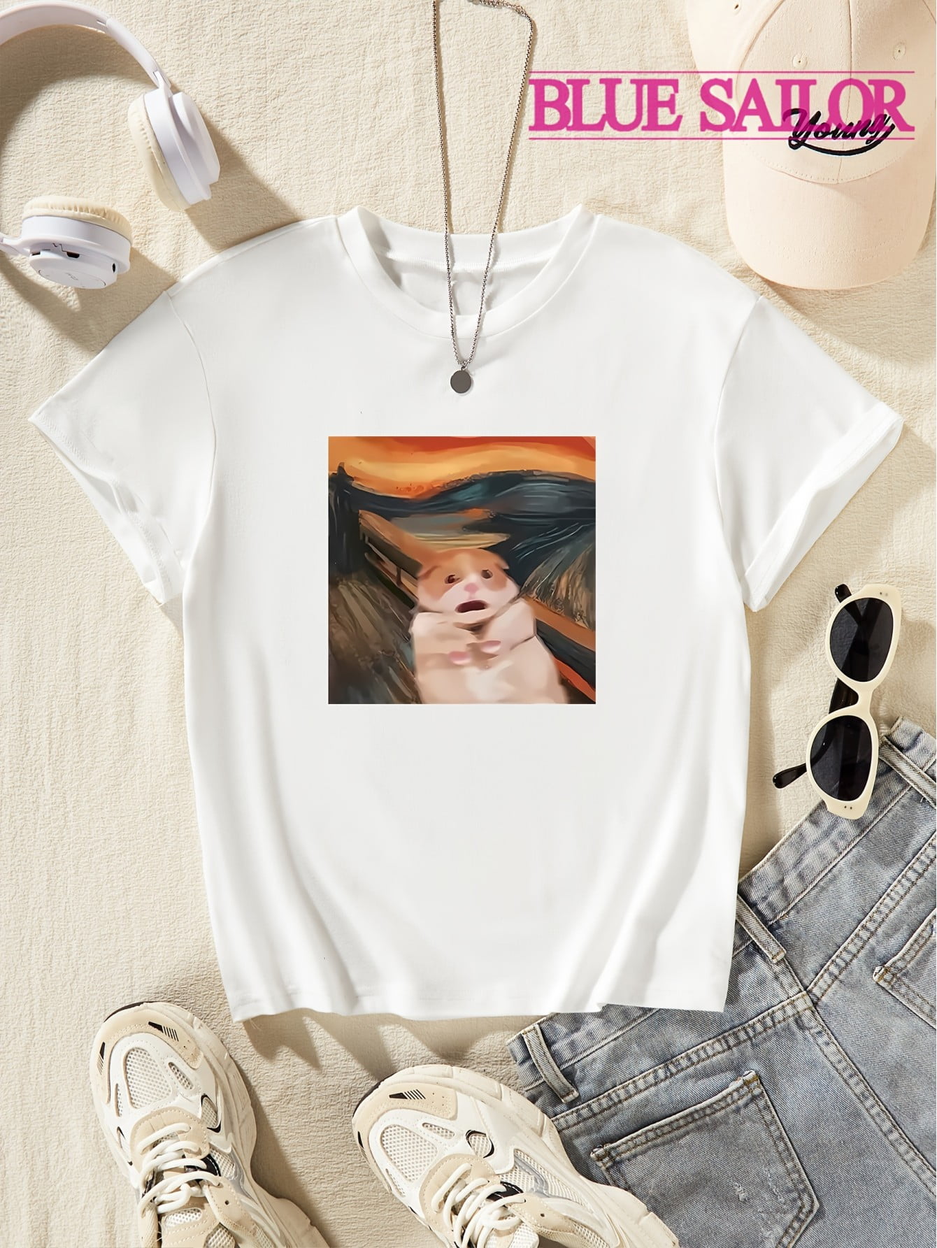 Surprised Hamster Print Crew Neck T-shirt For Girls, Casual Short ...