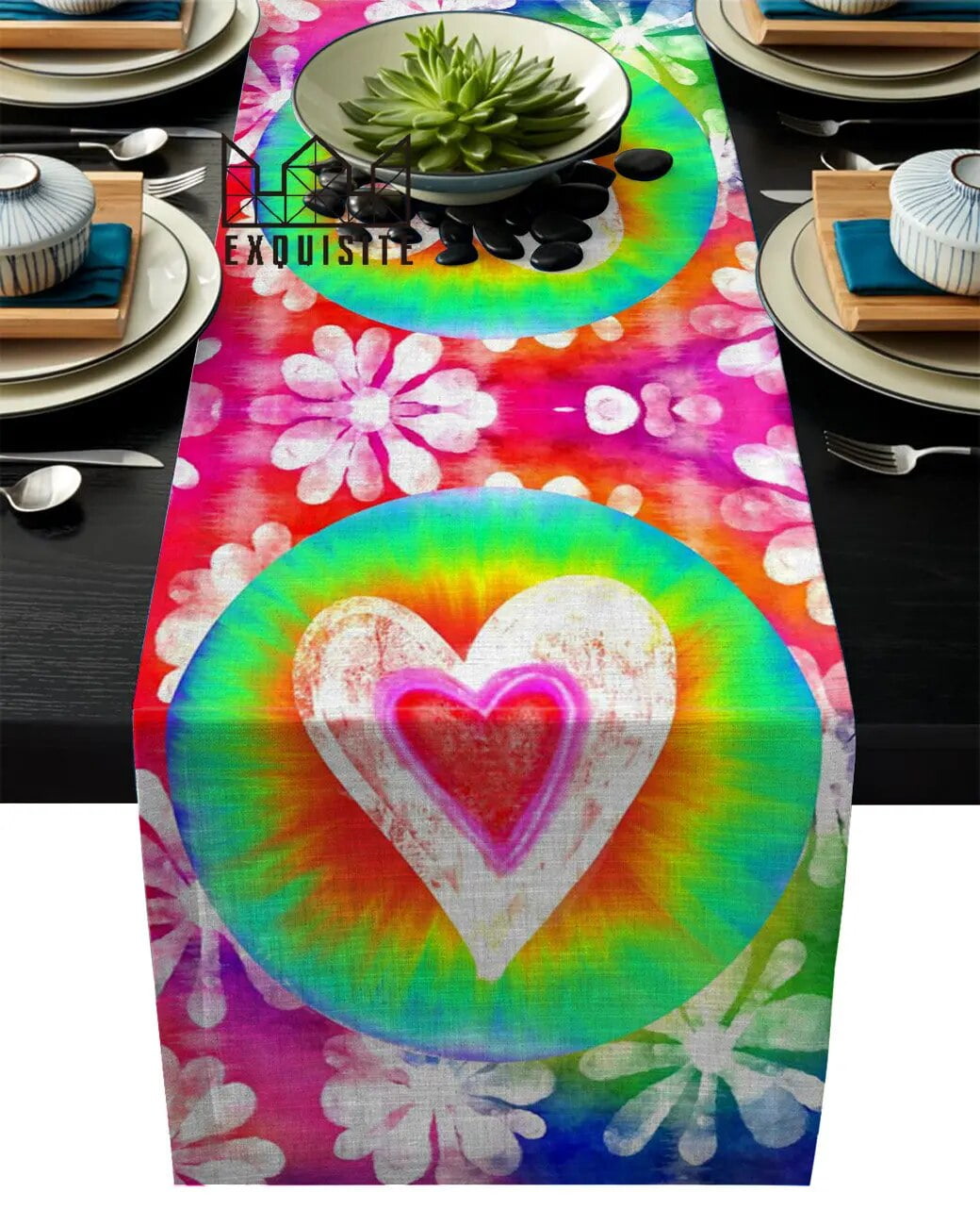 1pcs Tie-Dye Pattern Love Heart Color Modern Table Runners For Wedding ...