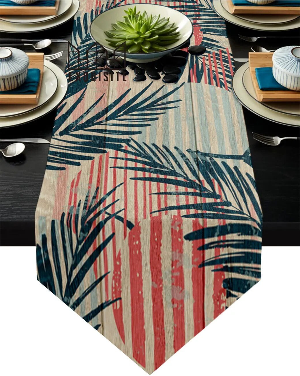 1pcs Wood Grain Tropical Plants Stripes Table Runner For Home Wedding ...