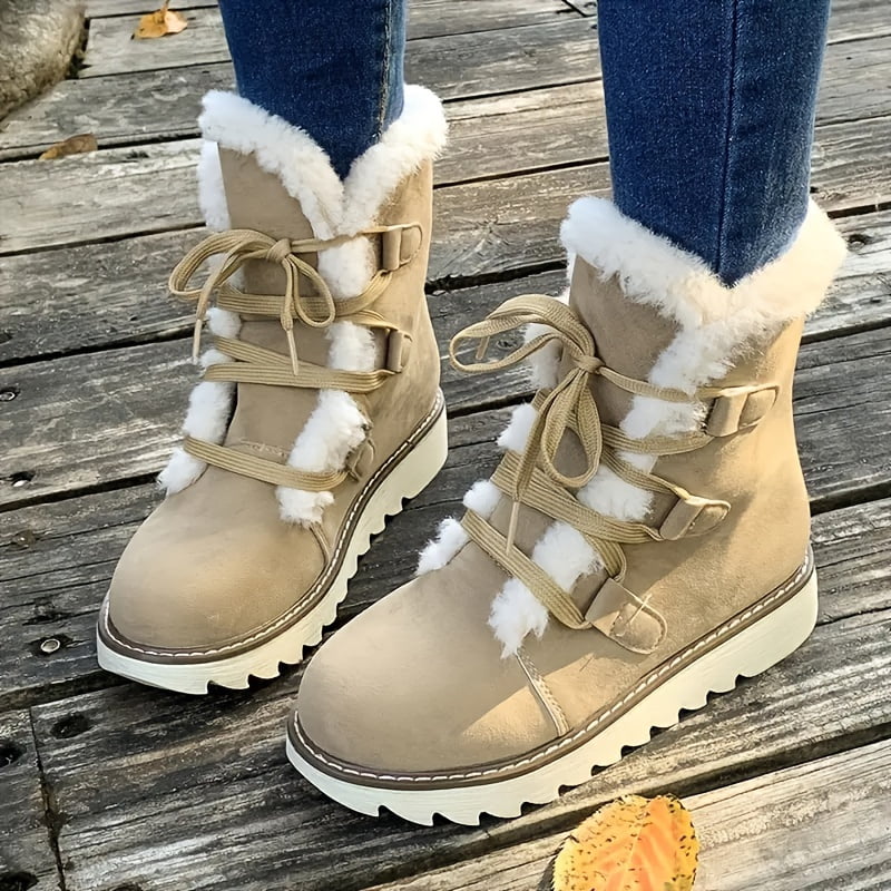 1pr Women'S Winter Warm Plush Lined Snow Boots - Solid Color Fabric ...