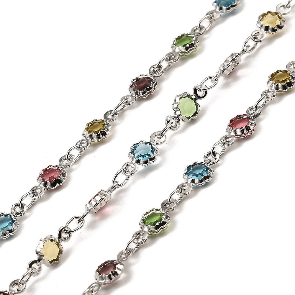 1roll Rack Plating Brass Flower Link Chains with Glass Long-Lasting ...