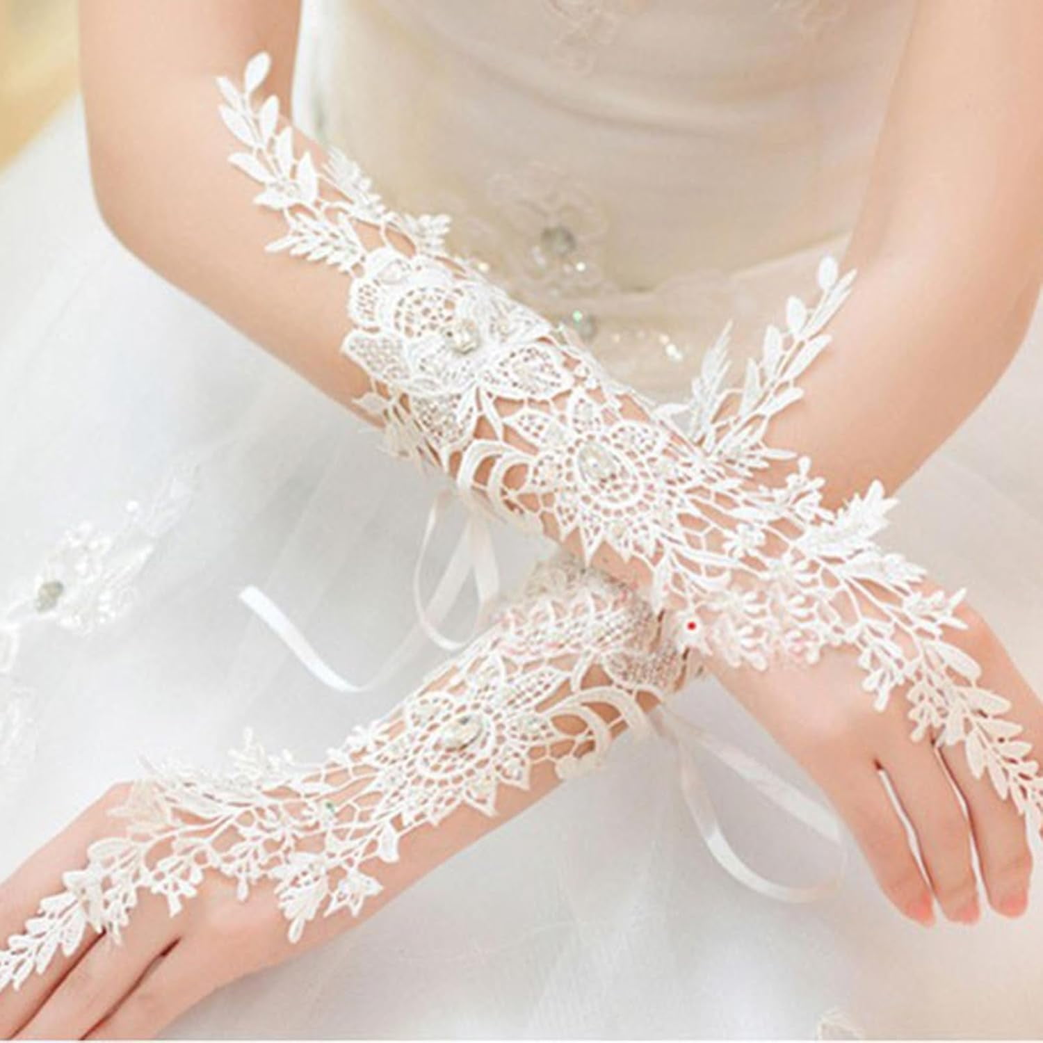1set 1 Pair Flower Parttern Lace Gloves with Glass Findings for Wedding ...