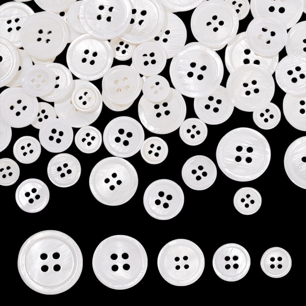 1set 100pcs 5 styles 4-Hole Shell Buttons Flat Round White 10.5~20x2~2 ...