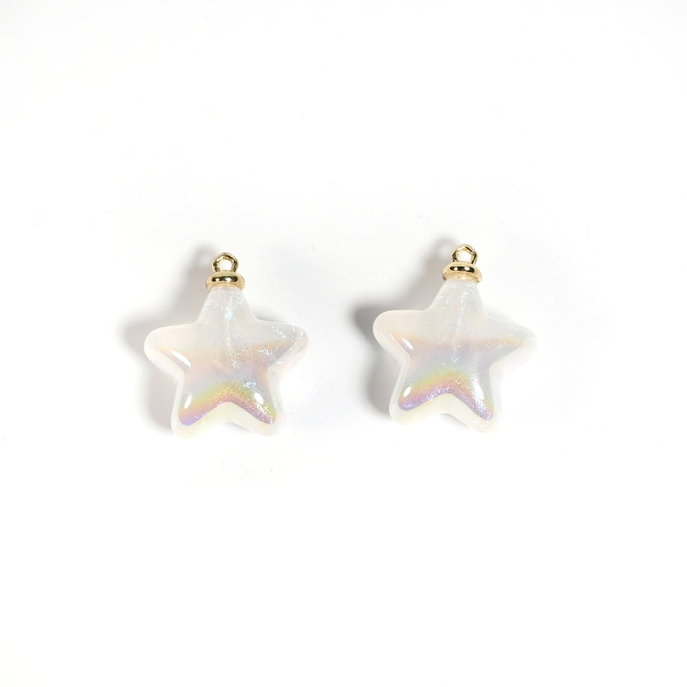 1set 10pcs UV Iridescent Opaque Resin Pendants with Glitter Powder & Golden Tone Loop Star White ...