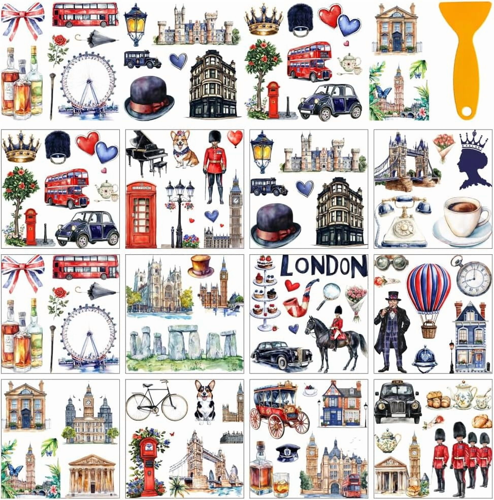 1set 12 Sheets Rub On Transfer Stickers with Scraper British Theme ...