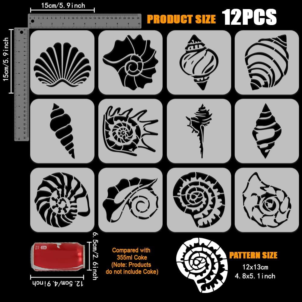 1set 12 pcs Seashell Stencils for Painting 5.9x5.9inch Reusable Sea ...