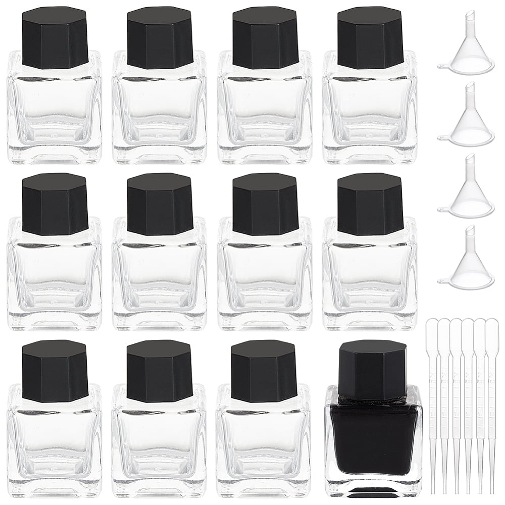 1set 12pcs Glass Fountain Pen Ink Bottle with Plastic Bottle Cap and ...