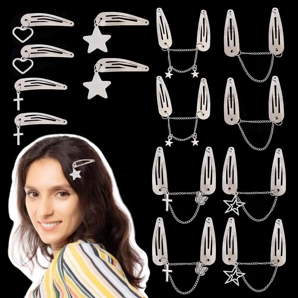 1set 14Pcs 7 Styles Iron Snap Hair Clips with Brass Chain and Alloy ...