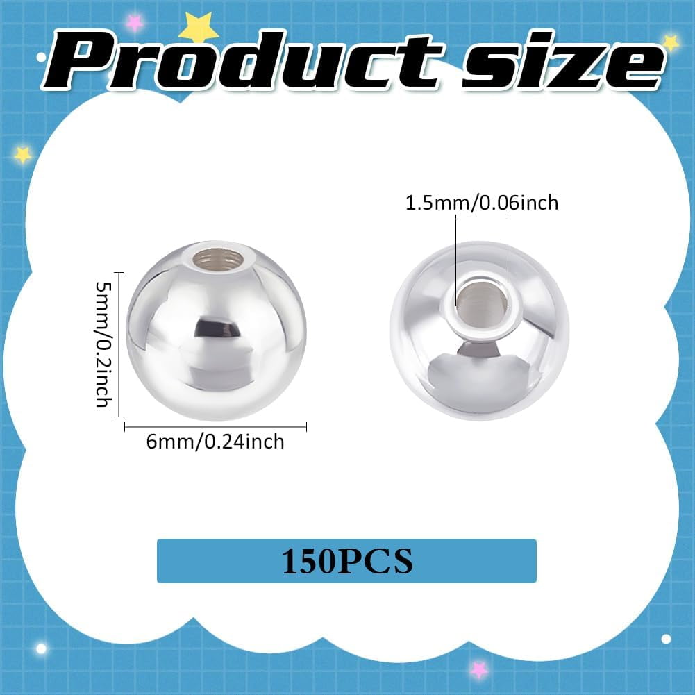 1set 150pcs 6mm Spacer Beads Smooth Round Beads Jewelry Silver Beads ...