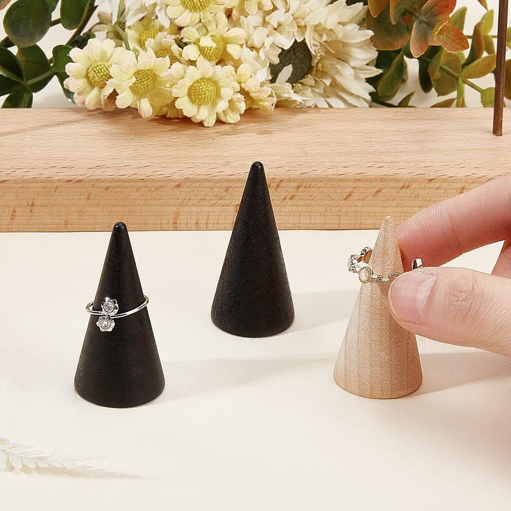 1set 16 pcs Wooden Ring Displays 2 colors Cone Shaped Finger Ring Stand ...