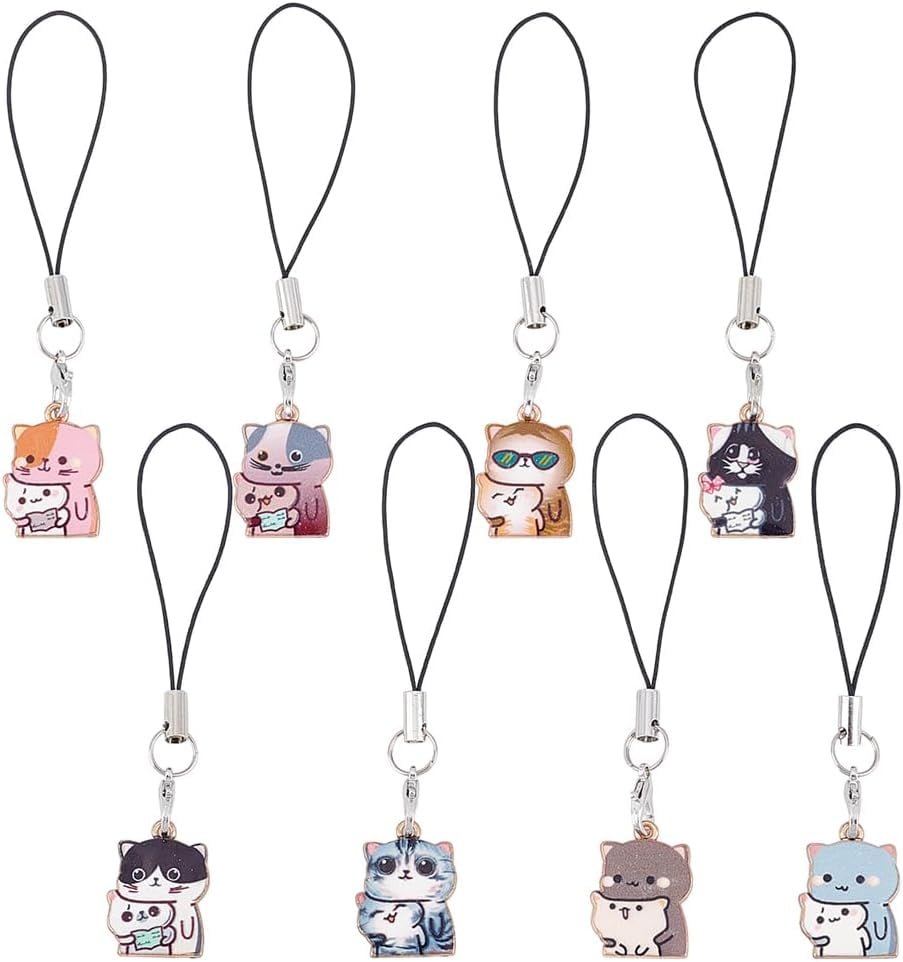 1set 16pcs 8 styles Cat Shape Alloy Enamel Mobile Straps with Nylon ...